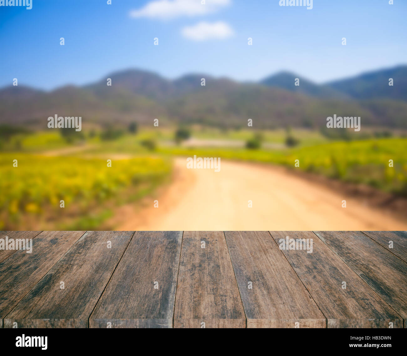 old wood texture with blur mountain and field background Stock Photo ...