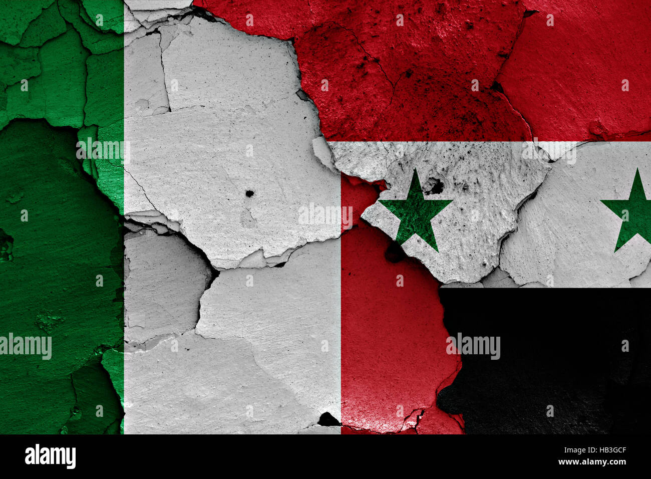flags of Italy and Syria painted on cracked wall Stock Photo - Alamy