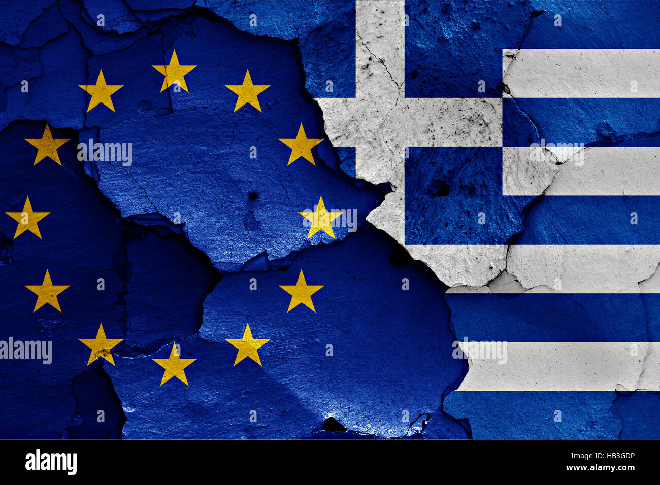 flags of EU and Greece painted on cracked wall Stock Photo - Alamy