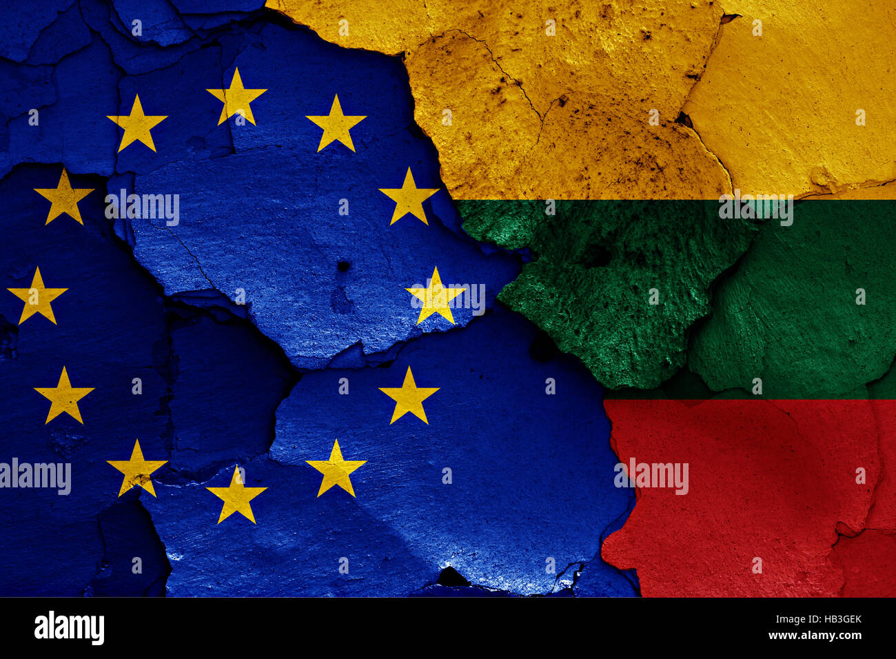 flags of EU and Lithuania painted on cracked wall Stock Photo - Alamy