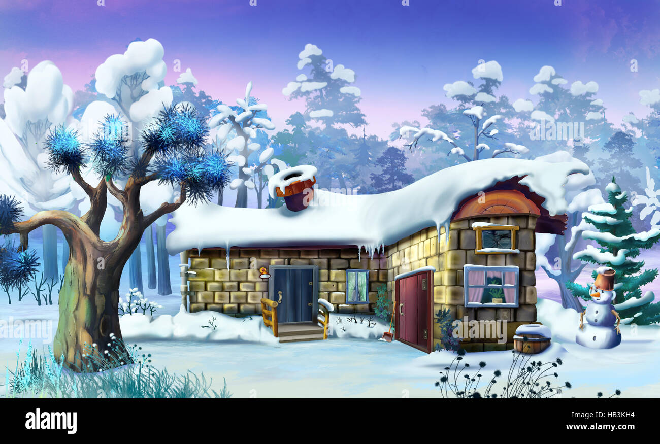 Big Tree Near Old Wooden House in a Winter Forest. Handmade ...