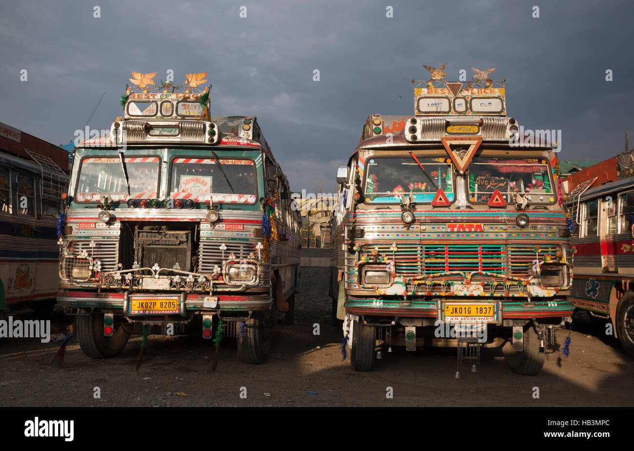 Decorated Indian passenger buses at Srinagar bus station, Kashmir ...