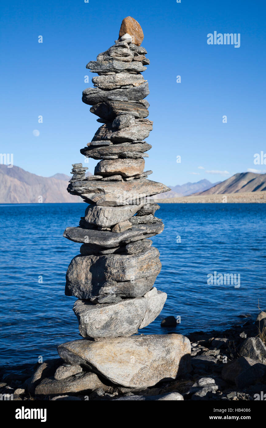 Stone cairn or chorten on the Indian side of Pangong Tso Lake situated ...