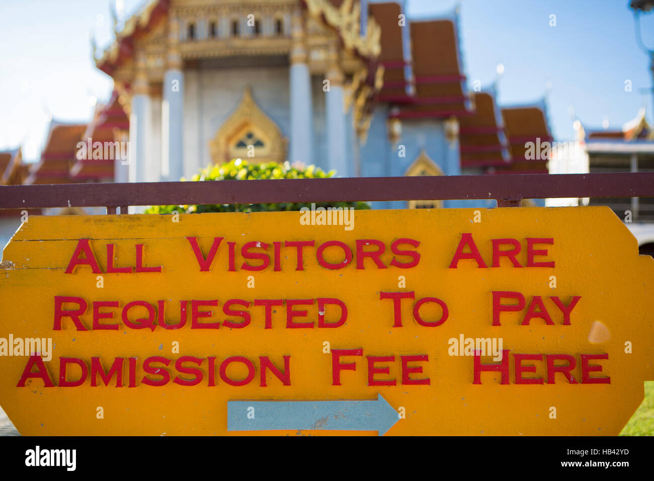 Visitors welcome sign post to Marble temple in Bangkok, Thailand Stock ...