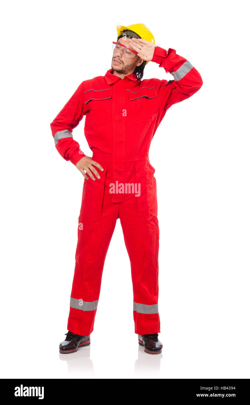 Man wearing red coveralls isolated on white Stock Photo - Alamy