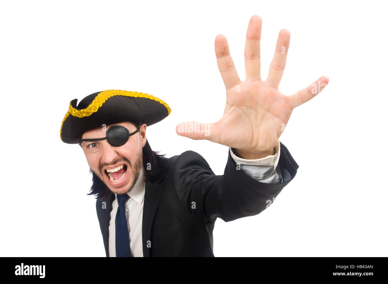 Pirate businessman shouting isolated on white Stock Photo - Alamy