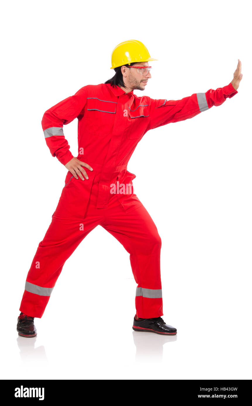 Man wearing red coveralls isolated on white Stock Photo - Alamy