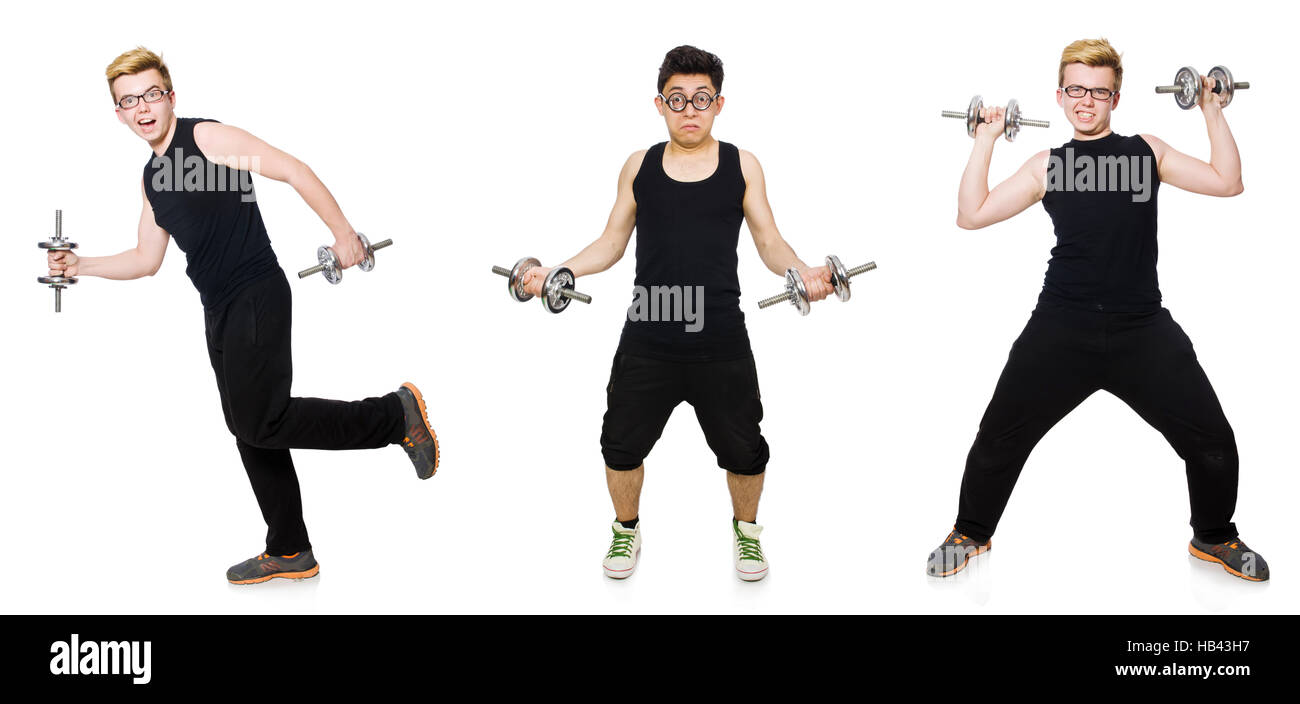 Man with dumbbells isolated on white Stock Photo - Alamy