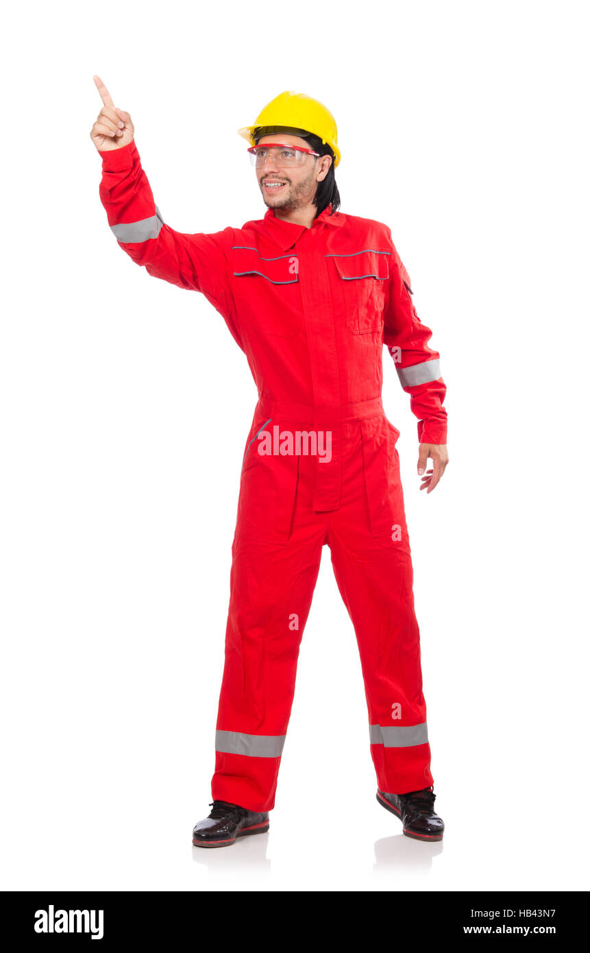 Man wearing red coveralls isolated on white Stock Photo - Alamy