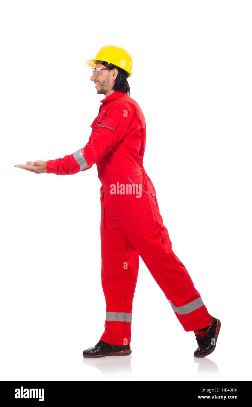 Man wearing red coveralls isolated on white Stock Photo - Alamy
