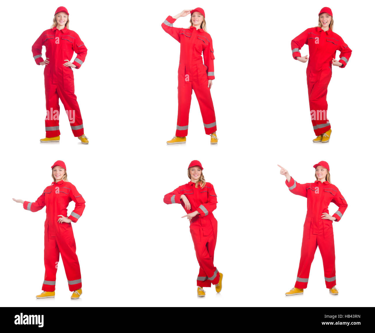 Woman in red overalls isolated on white Stock Photo - Alamy