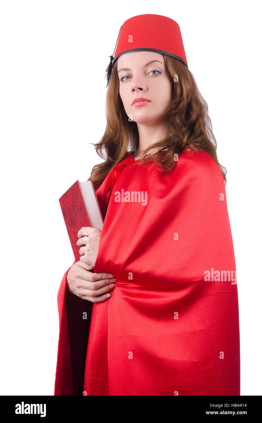 Woman wearing fez hat isolated on white Stock Photo - Alamy
