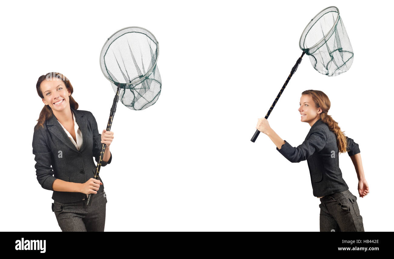 Woman with net isolated on white Stock Photo - Alamy