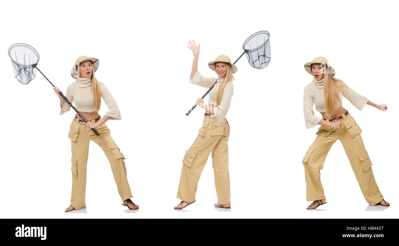 Woman with catching net on white Stock Photo - Alamy