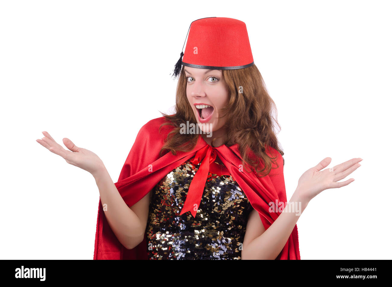 Woman wearing fez hat isolated on white Stock Photo - Alamy