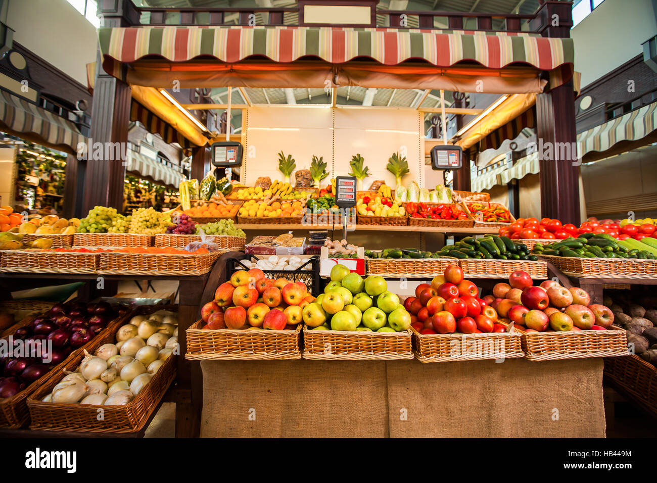 Counters with fresh fruits and vegetables Stock Photo - Alamy