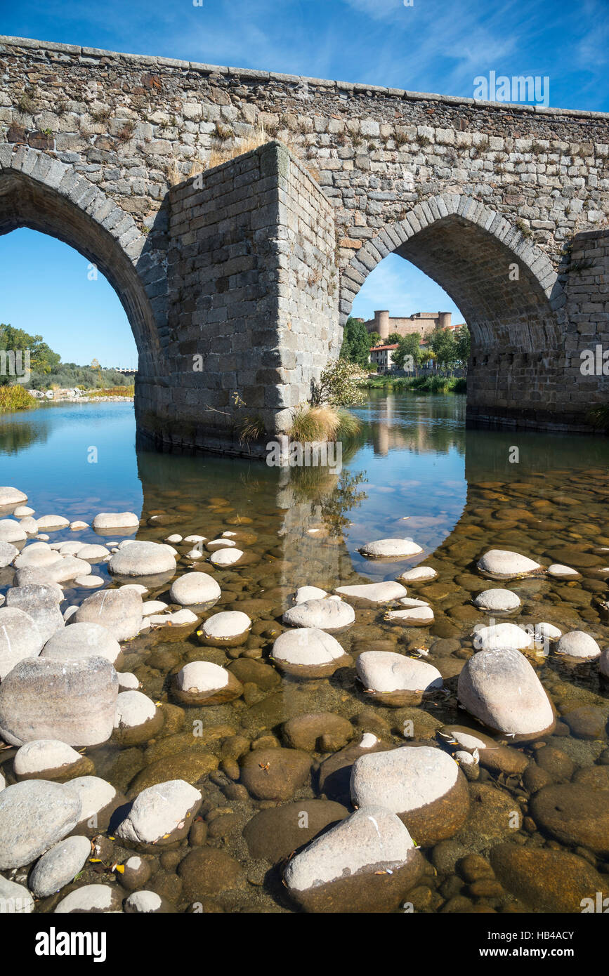 The Romanesque bridge across the River Tormes at El Barco De Avila with ...