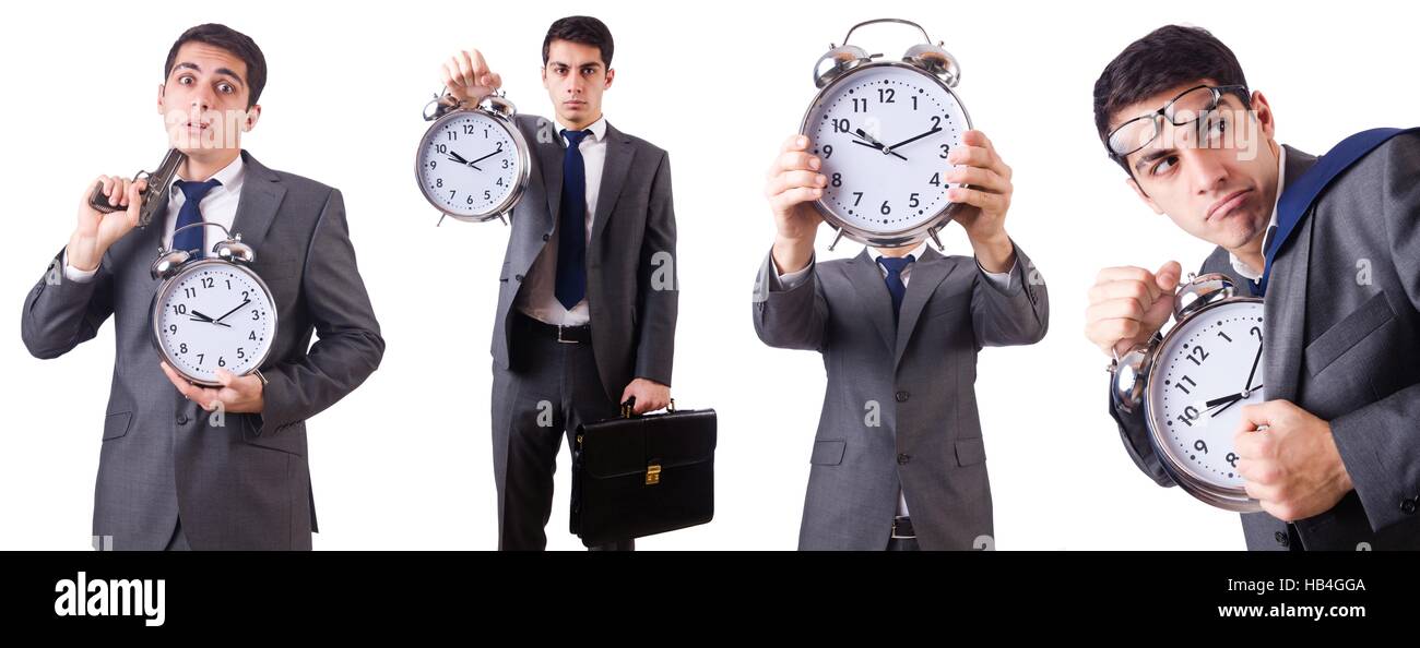 Man with clock isolated on white Stock Photo - Alamy
