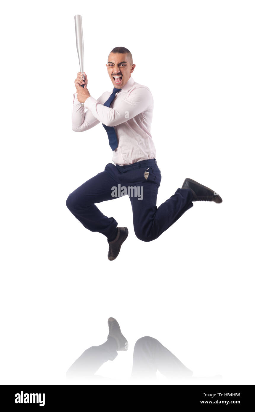 Businessman jumping with baseball bat Stock Photo - Alamy