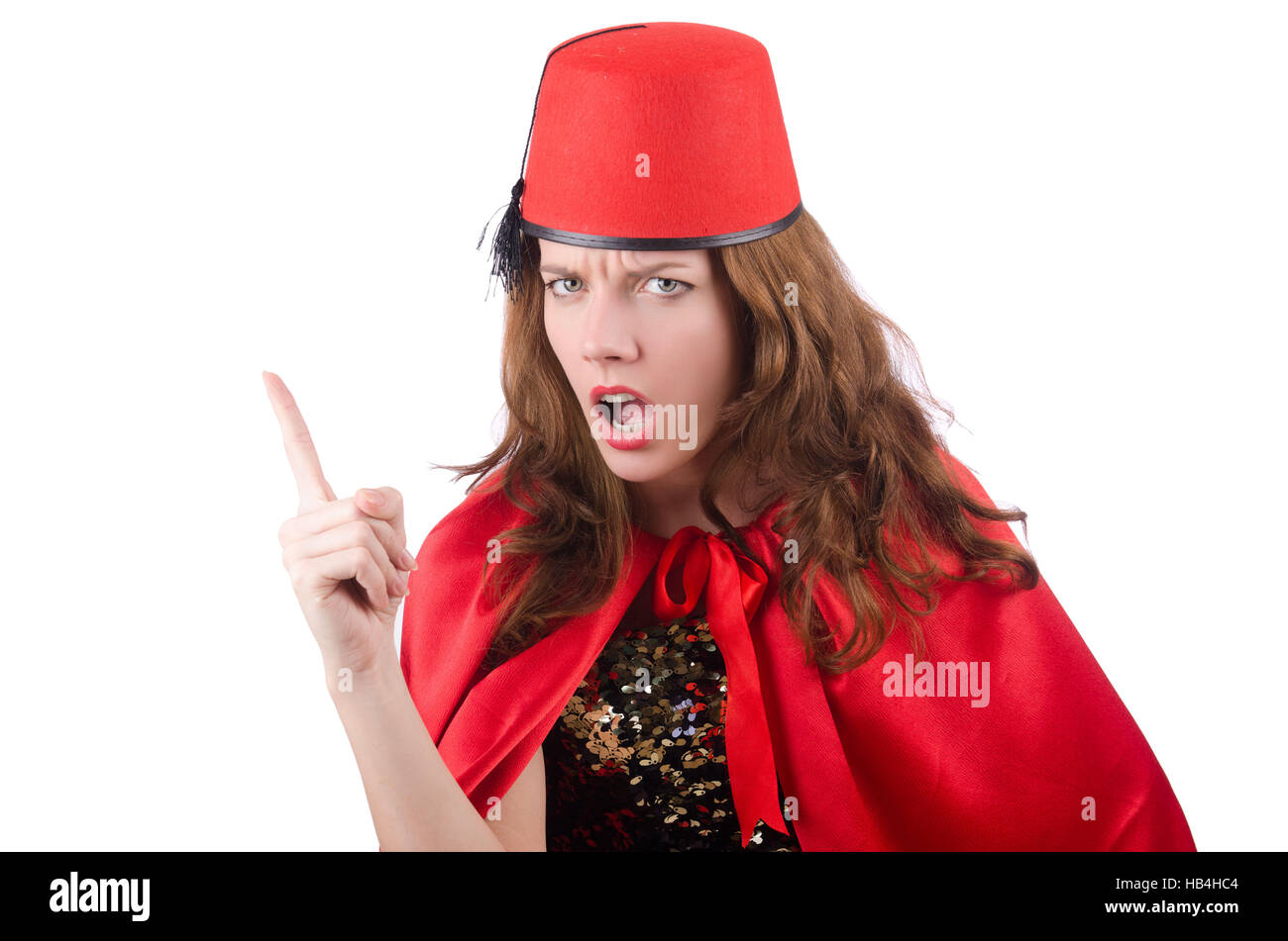 Woman wearing fez hat isolated on white Stock Photo - Alamy
