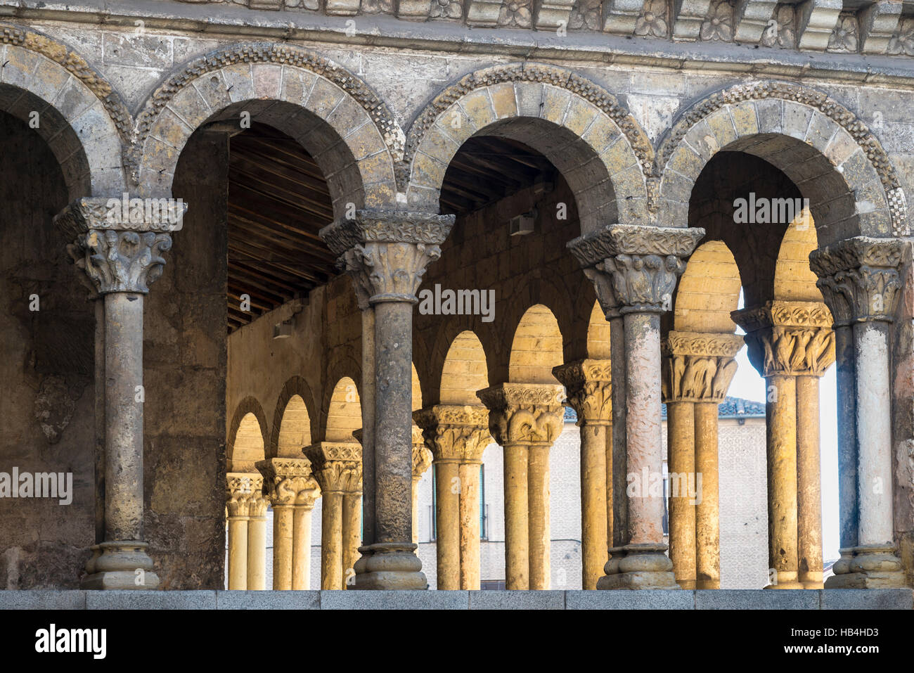 The Romanesque, arcaded portico of San Martin church, in the Plaza ...