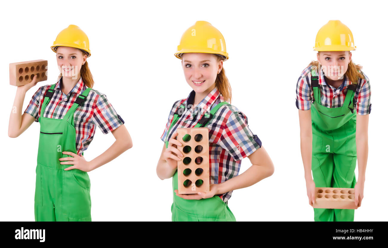 Woman with bricks isolated on white Stock Photo - Alamy