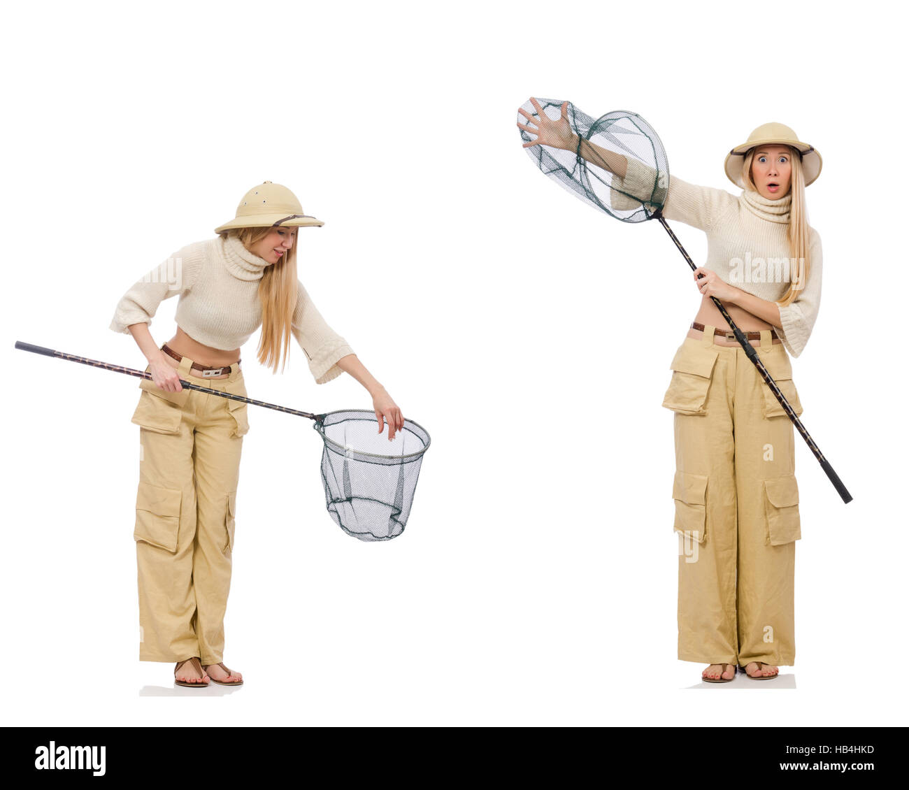 Woman with catching net on white Stock Photo - Alamy