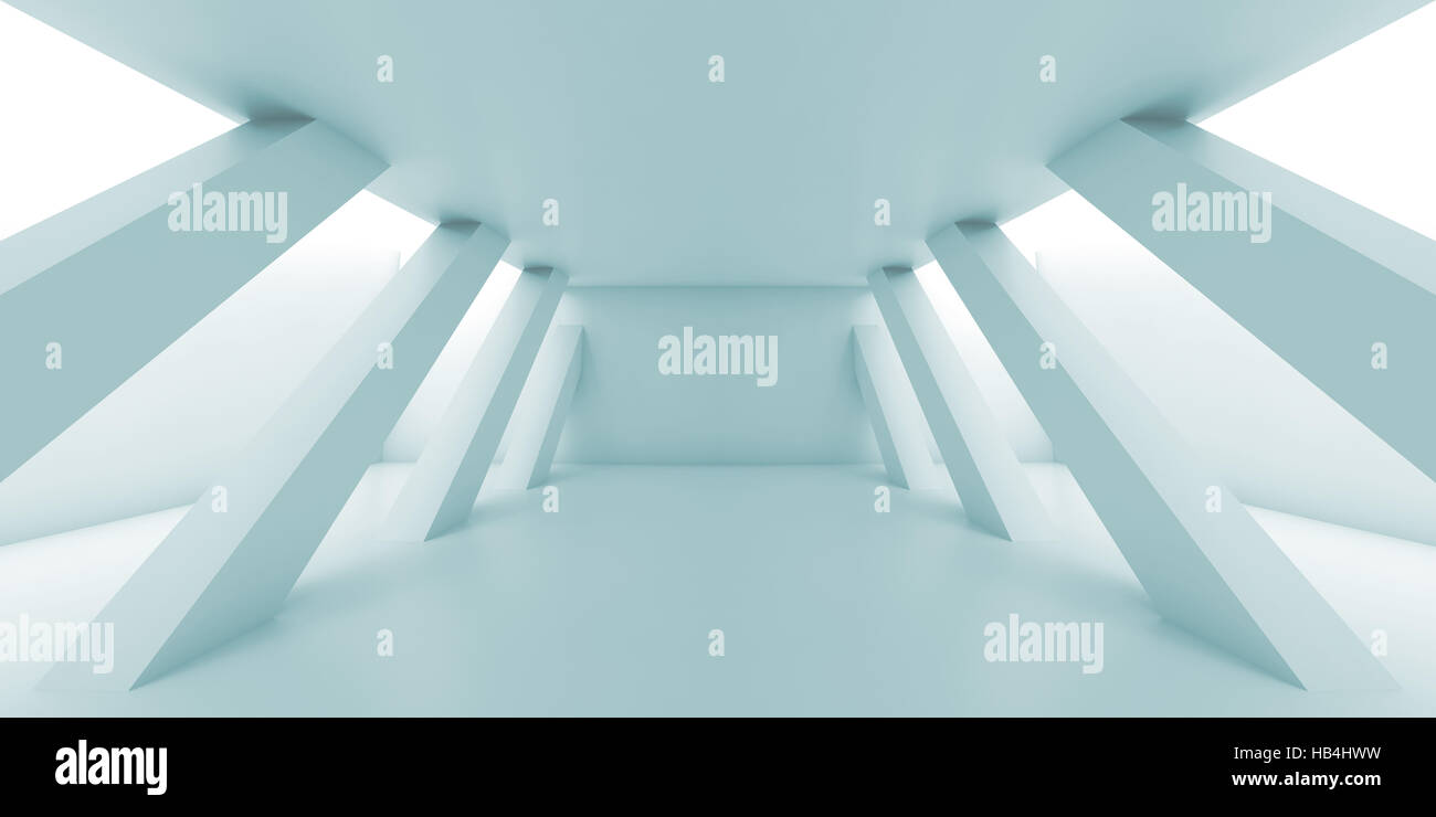 Abstract white corridor perspective with diagonal columns, blue toned ...