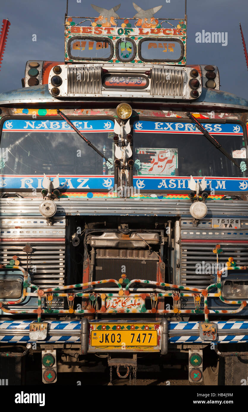 Decorated Indian passenger buses at Srinagar bus station, Kashmir ...