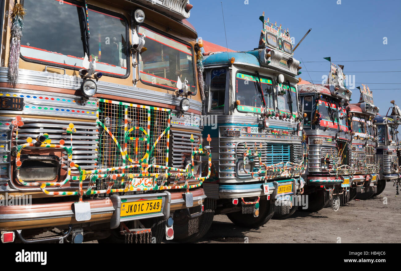 Decorated Indian passenger buses at Srinagar bus station, Kashmir ...