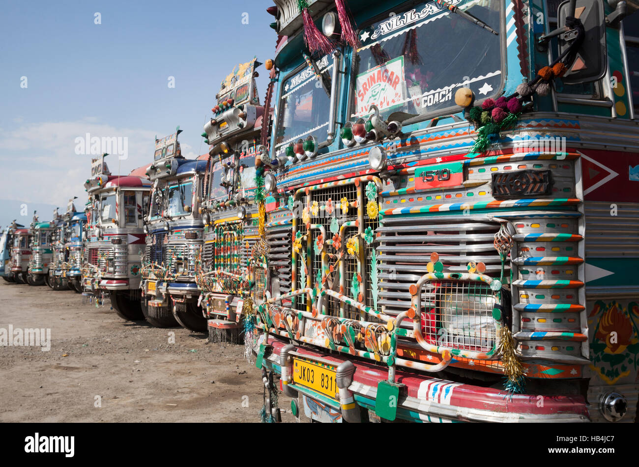 Decorated Indian passenger buses at Srinagar bus station, Kashmir ...