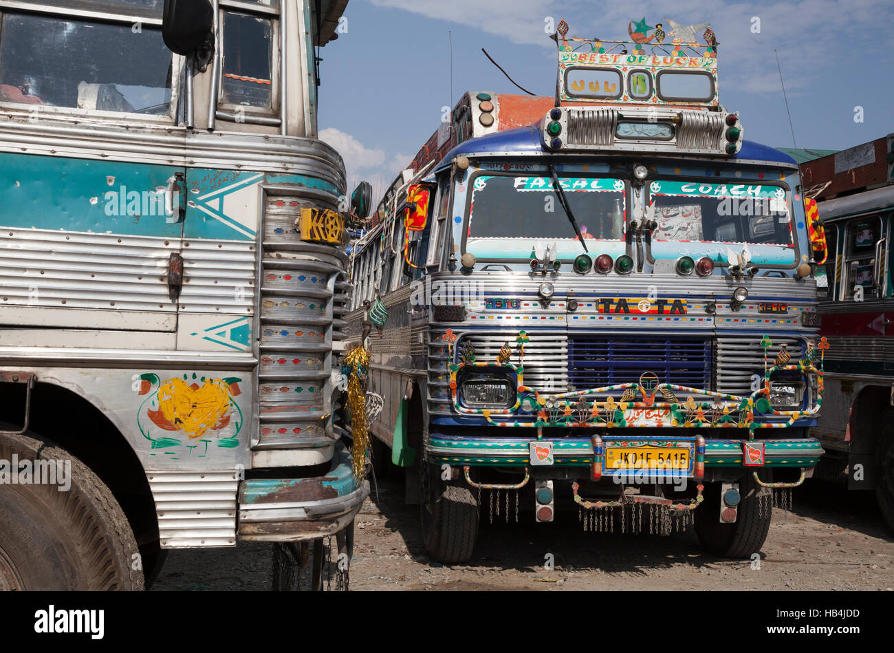 Decorated Indian passenger buses at Srinagar bus station, Kashmir ...