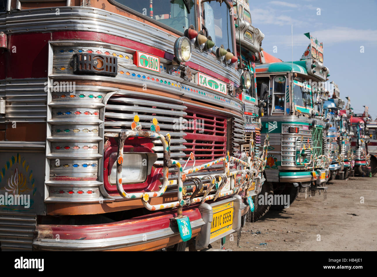 Decorated Indian passenger buses at Srinagar bus station, Kashmir ...