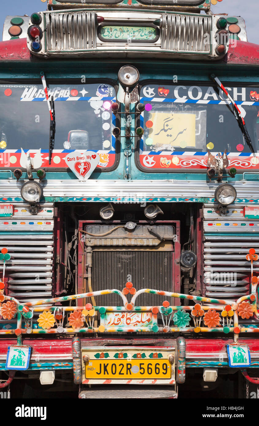 Decorated Indian passenger buses at Srinagar bus station, Kashmir ...