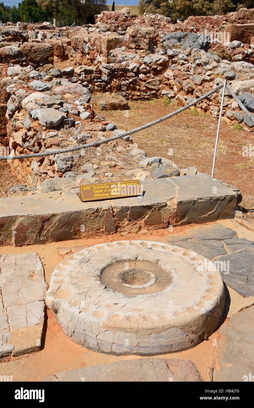 Ancient offering table at the Minoan Malia ruins archaeological site ...
