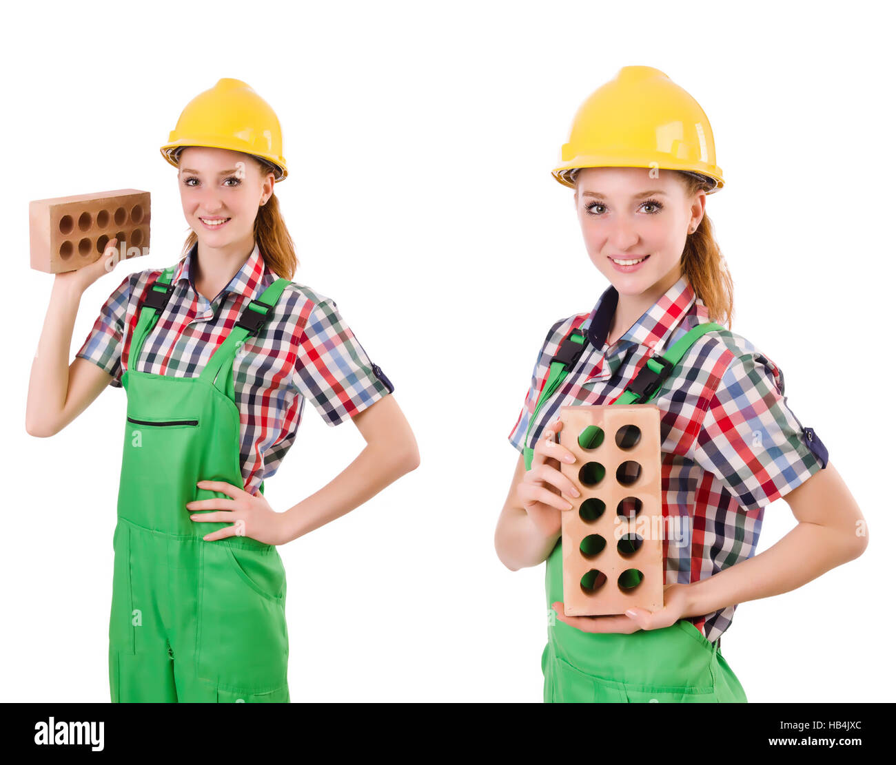 Woman with bricks isolated on white Stock Photo - Alamy