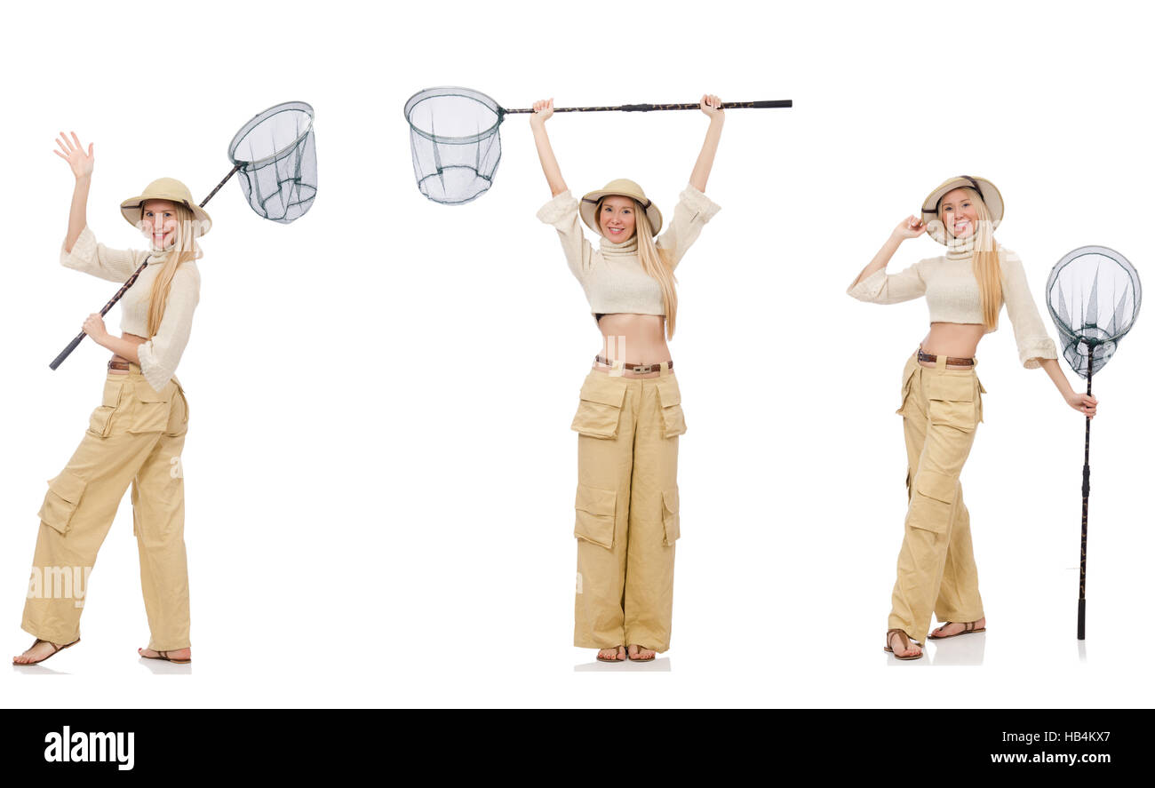 Woman with catching net on white Stock Photo - Alamy
