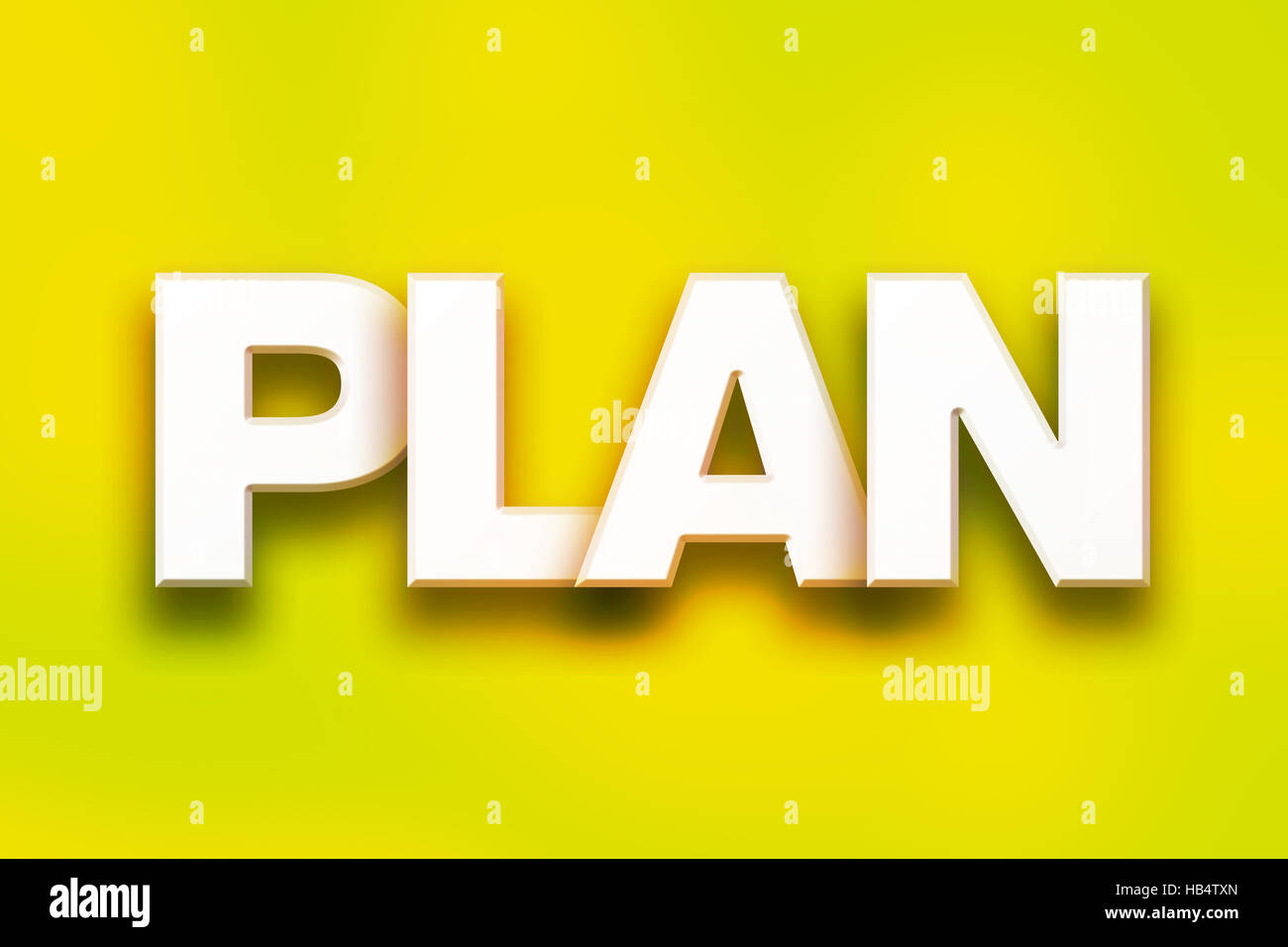 The word "Plan" written in white 3D letters on a colorful background concept and theme Stock ...