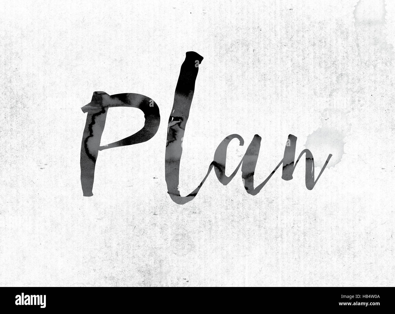 The word "Plan" concept and theme painted in watercolor ink on a white ...