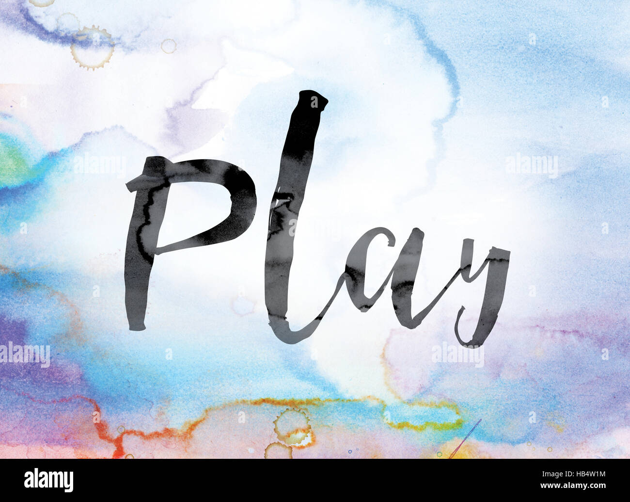 The word "Play" painted in black ink over a colorful watercolor washed ...