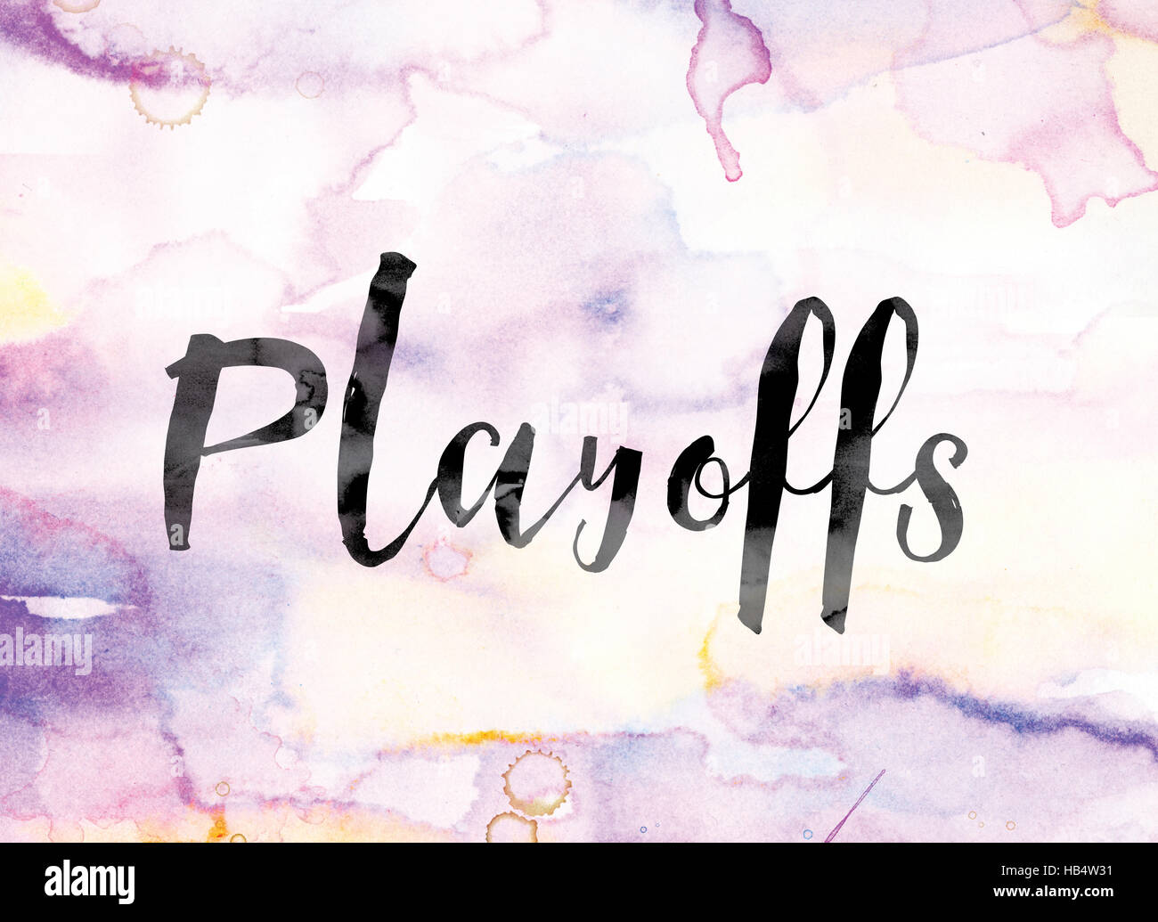 The word "Playoffs" painted in black ink over a colorful watercolor ...