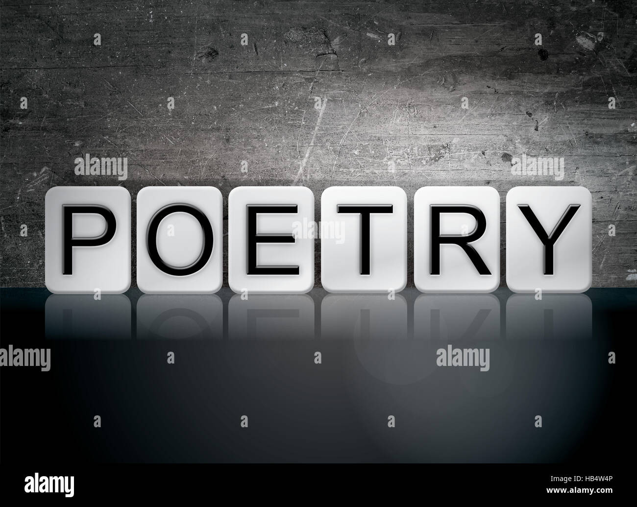 The word "Poetry" written in white tiles against a dark vintage grunge ...