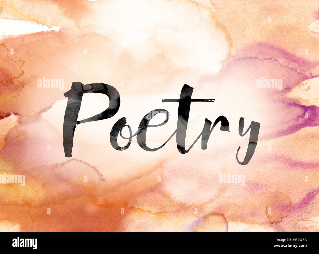 The word "Poetry" painted in black ink over a colorful watercolor ...