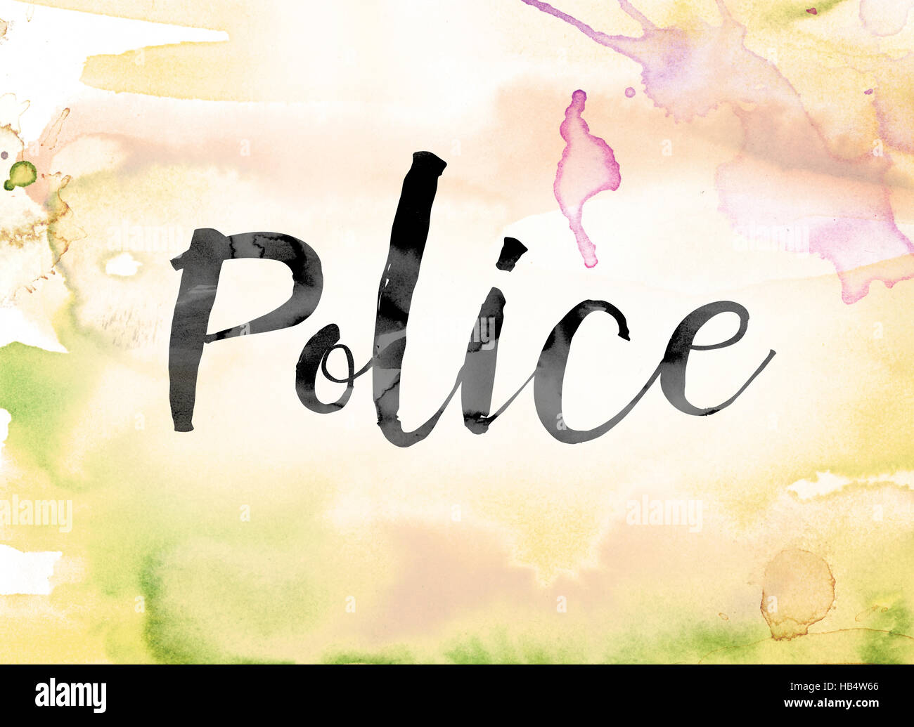 The word "Police" painted in black ink over a colorful watercolor ...