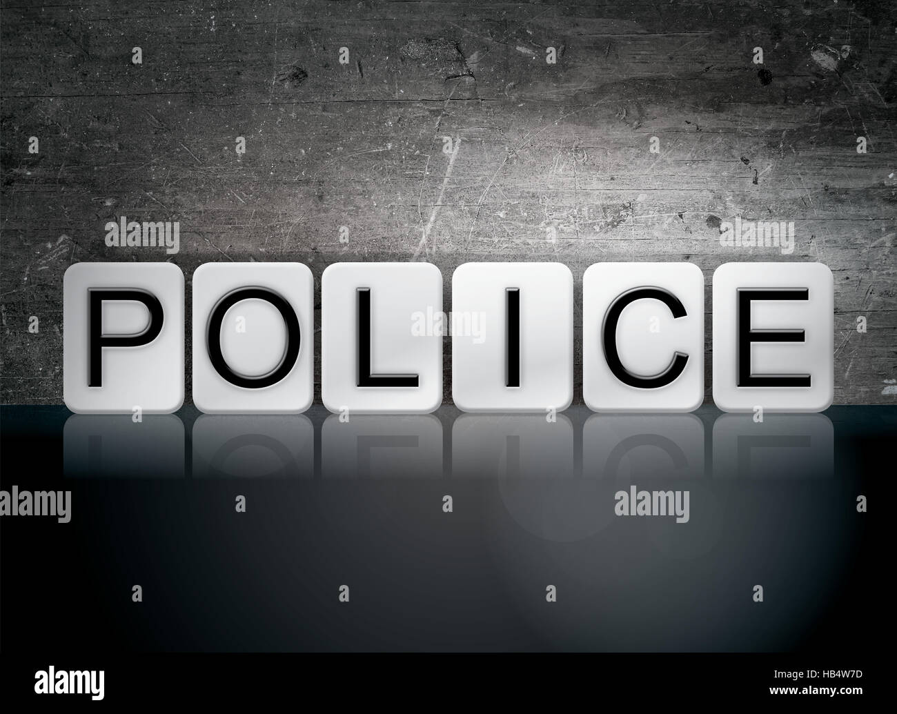 The word "Police" written in white tiles against a dark vintage grunge ...