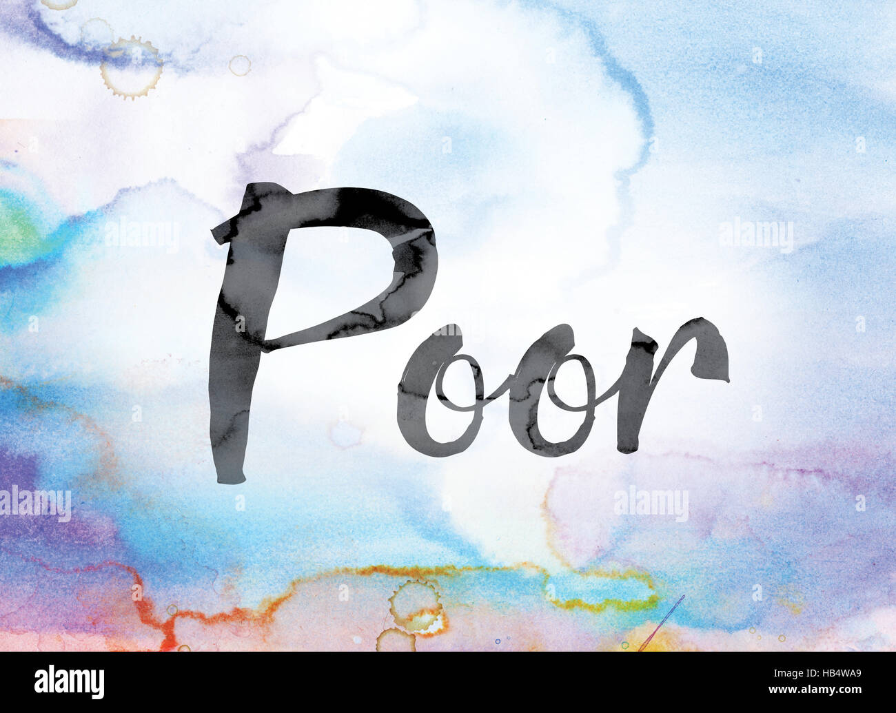 The word "Poor" painted in black ink over a colorful watercolor washed ...