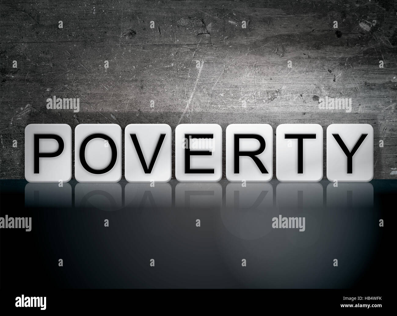The word "Poverty" written in white tiles against a dark vintage grunge ...