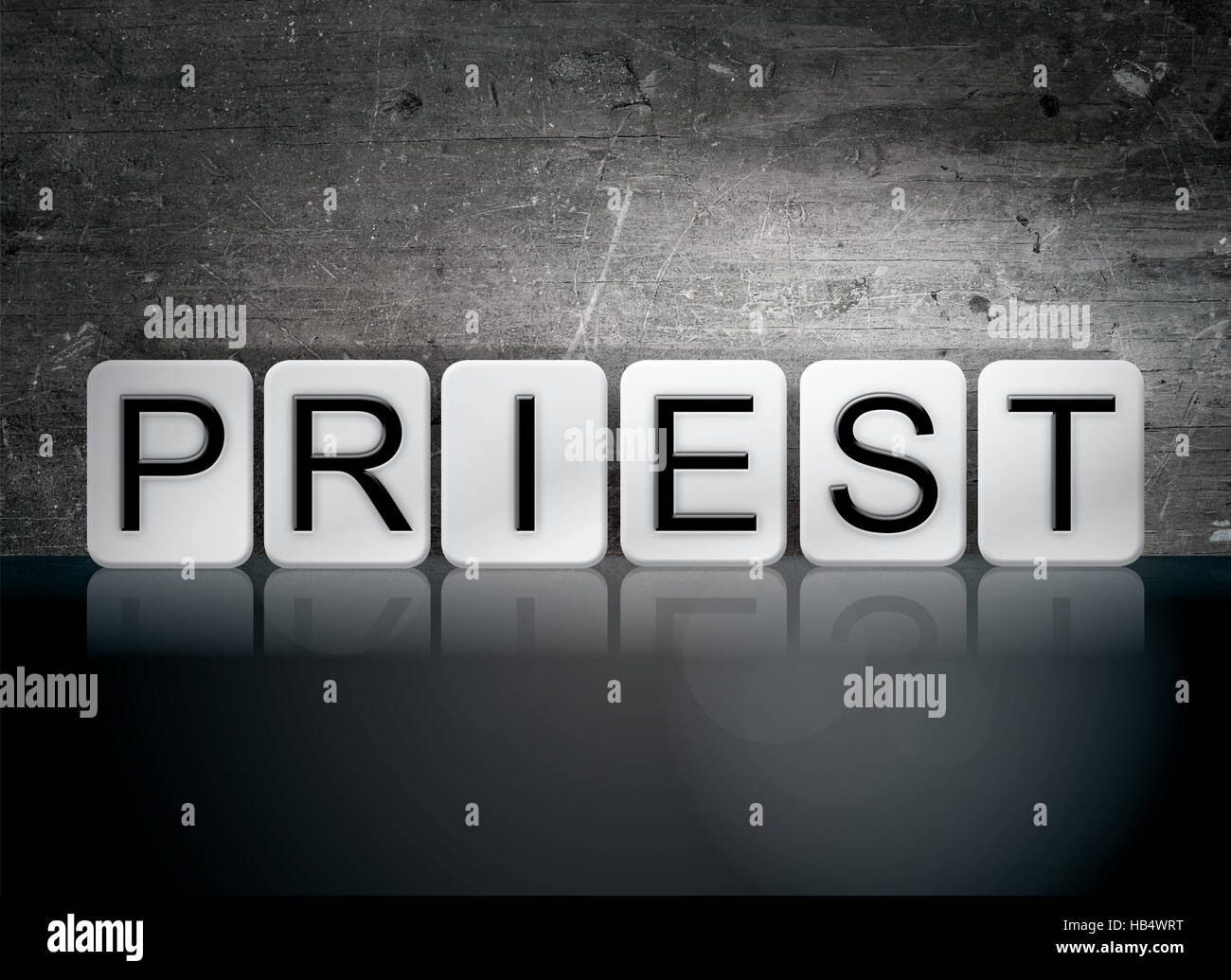 The word "Priest" written in white tiles against a dark vintage grunge ...