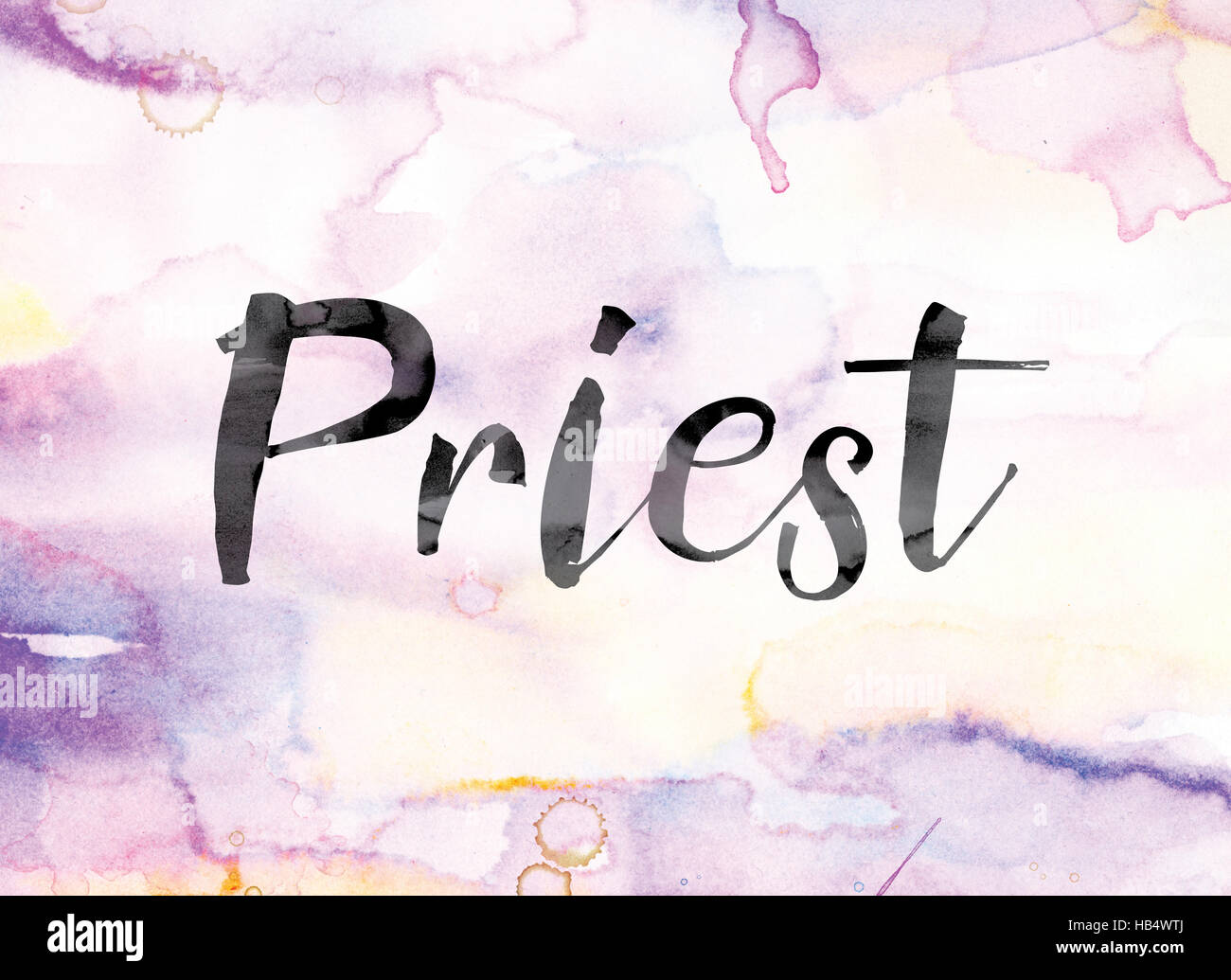 The word "Priest" painted in black ink over a colorful watercolor ...