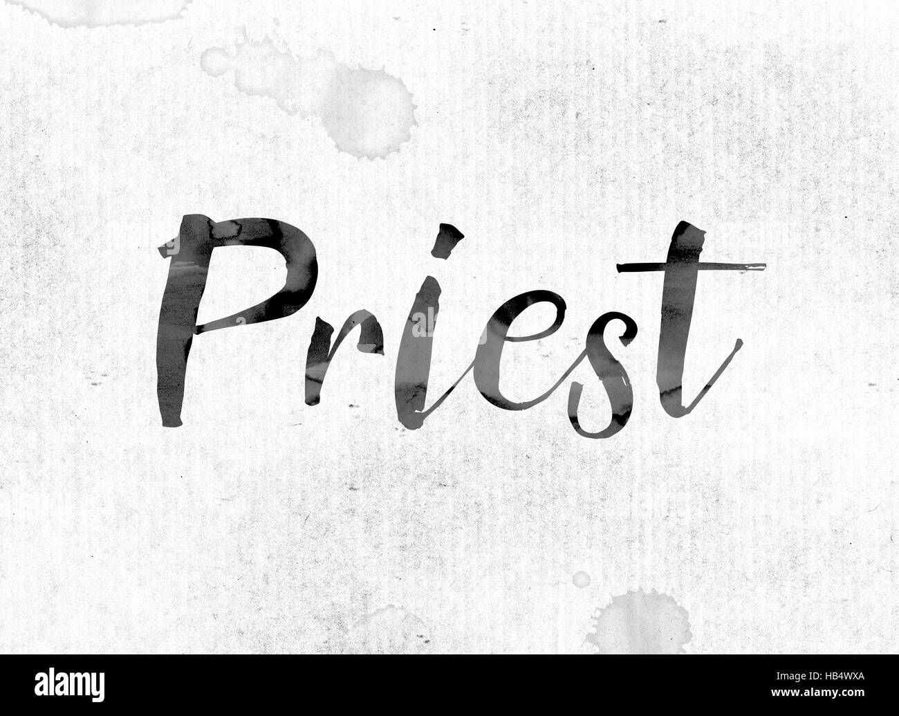 The word "Priest" concept and theme painted in watercolor ink on a ...